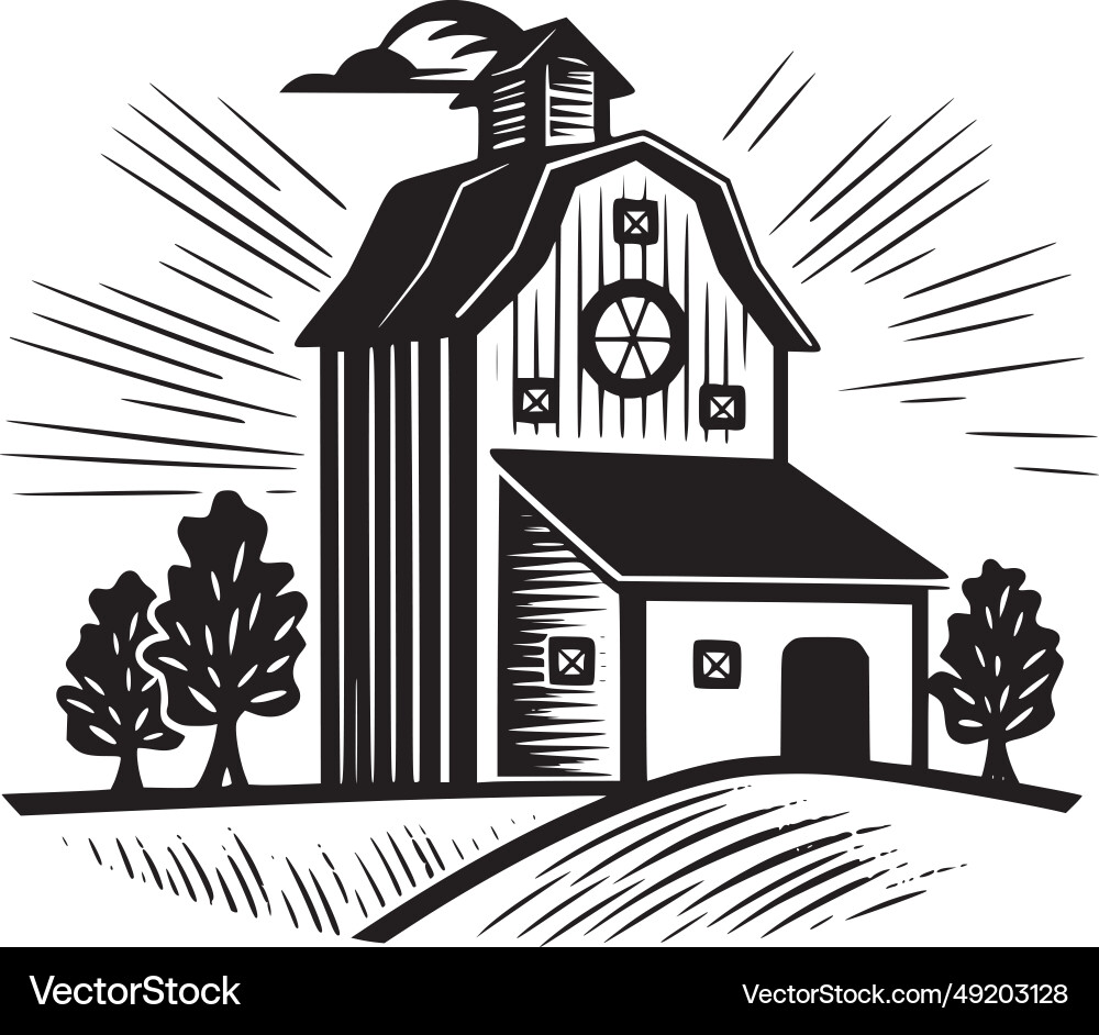 Farmhouse - black and white Royalty Free Vector Image