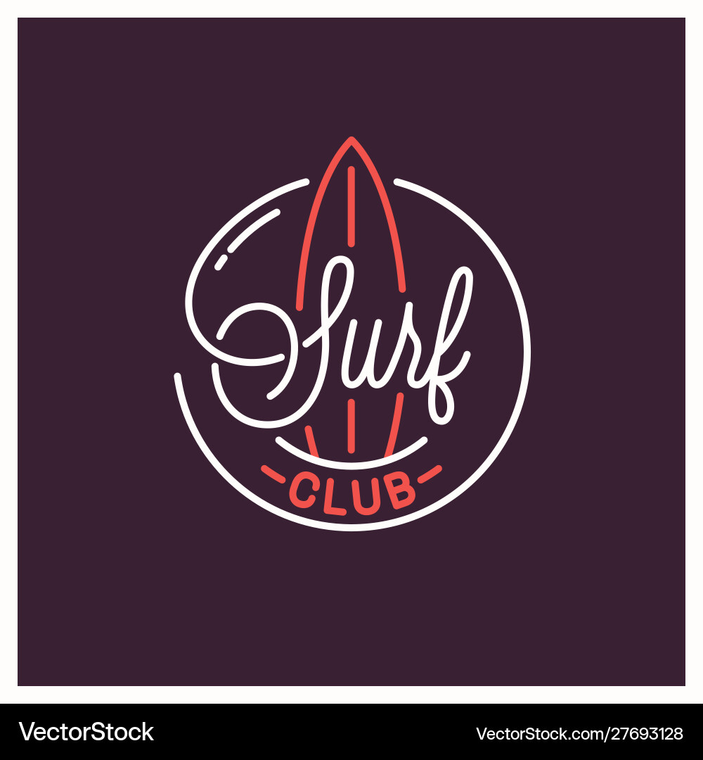 Surf club logo round linear surfboard Royalty Free Vector
