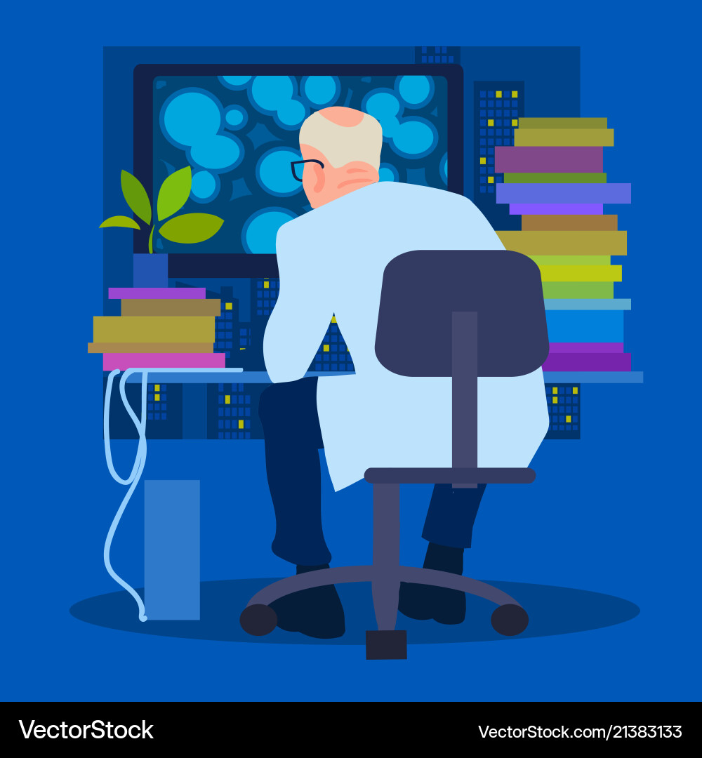 Scientist biologist working on computer back Vector Image