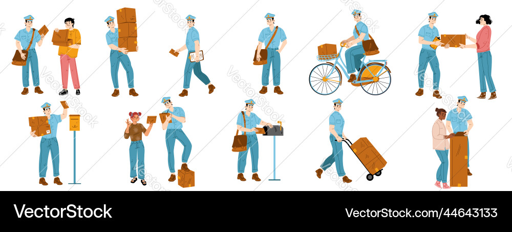 Set of postman characters delivering mail Vector Image