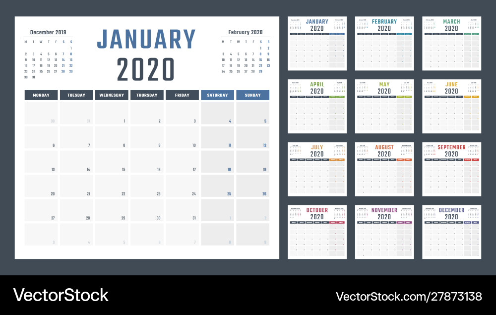 Calendar for 2020 starts monday Royalty Free Vector Image