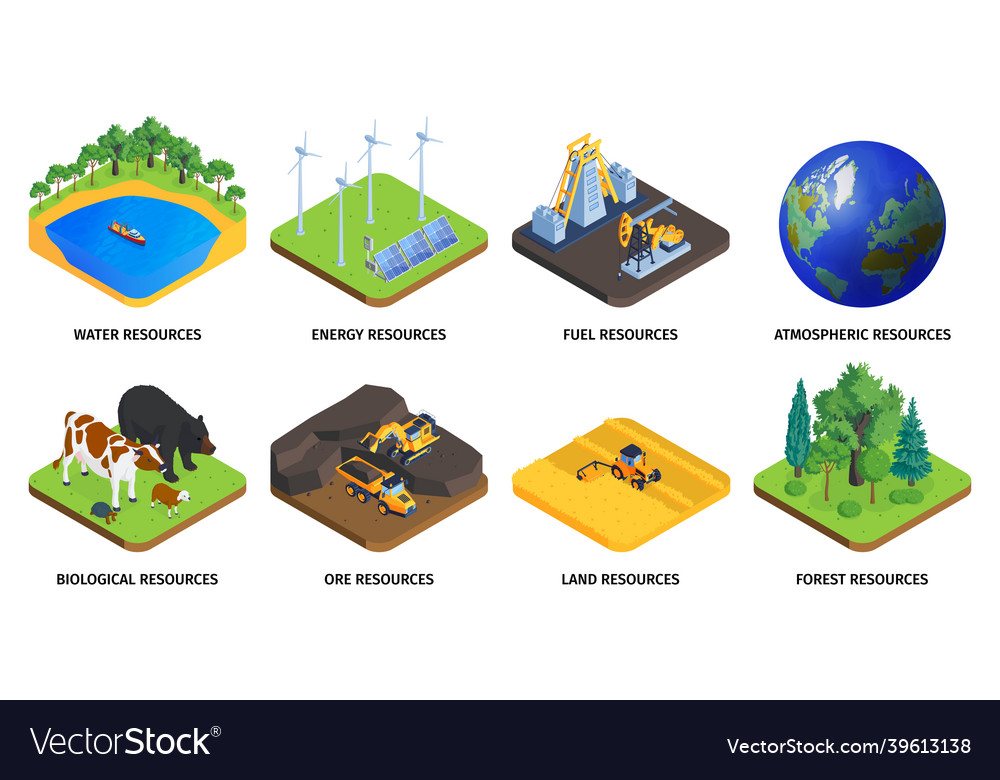 Natural resources isometric set Royalty Free Vector Image Natural resources isometric set Royalty Free Vector Image