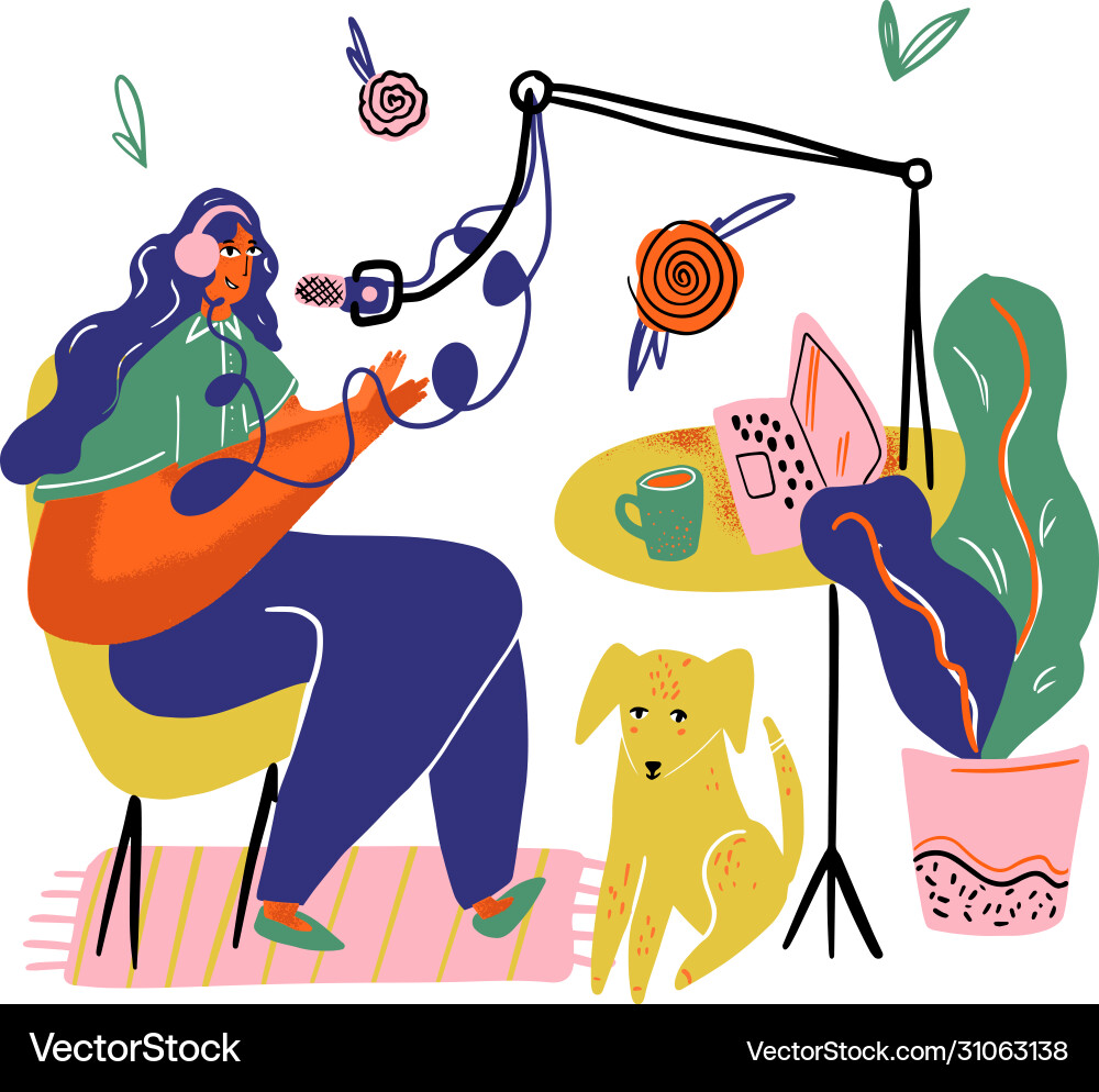 Podcaster radio host with mic podcast studio Vector Image