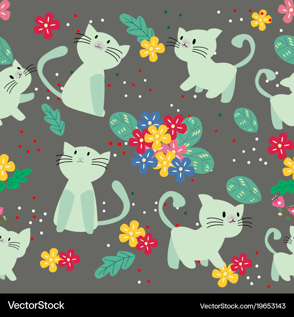 Cute cat seamless pattern with flower on colorful Vector Image