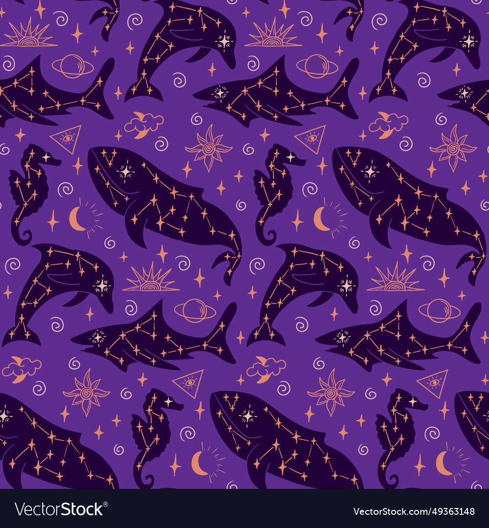 Esoteric mystical flat seamless pattern with whale