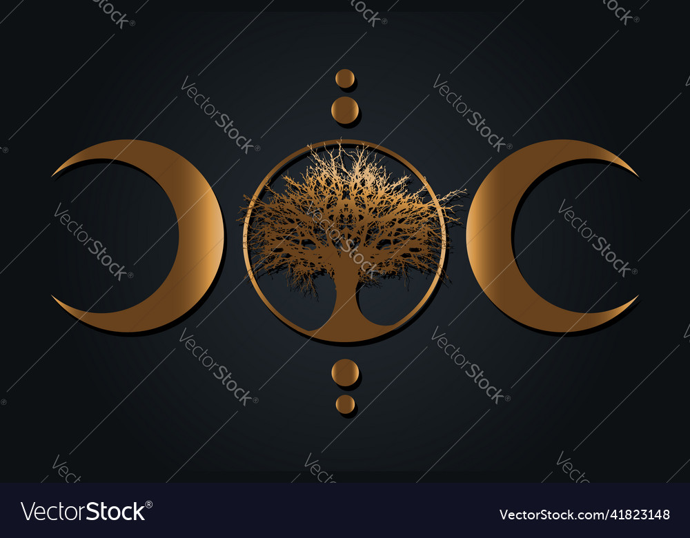 Gold mystical triple moon tree of life wicca sign Vector Image