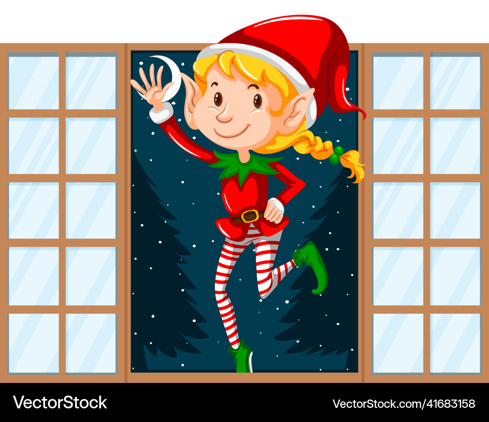 Christmas theme elf at the door Royalty Free Vector Image