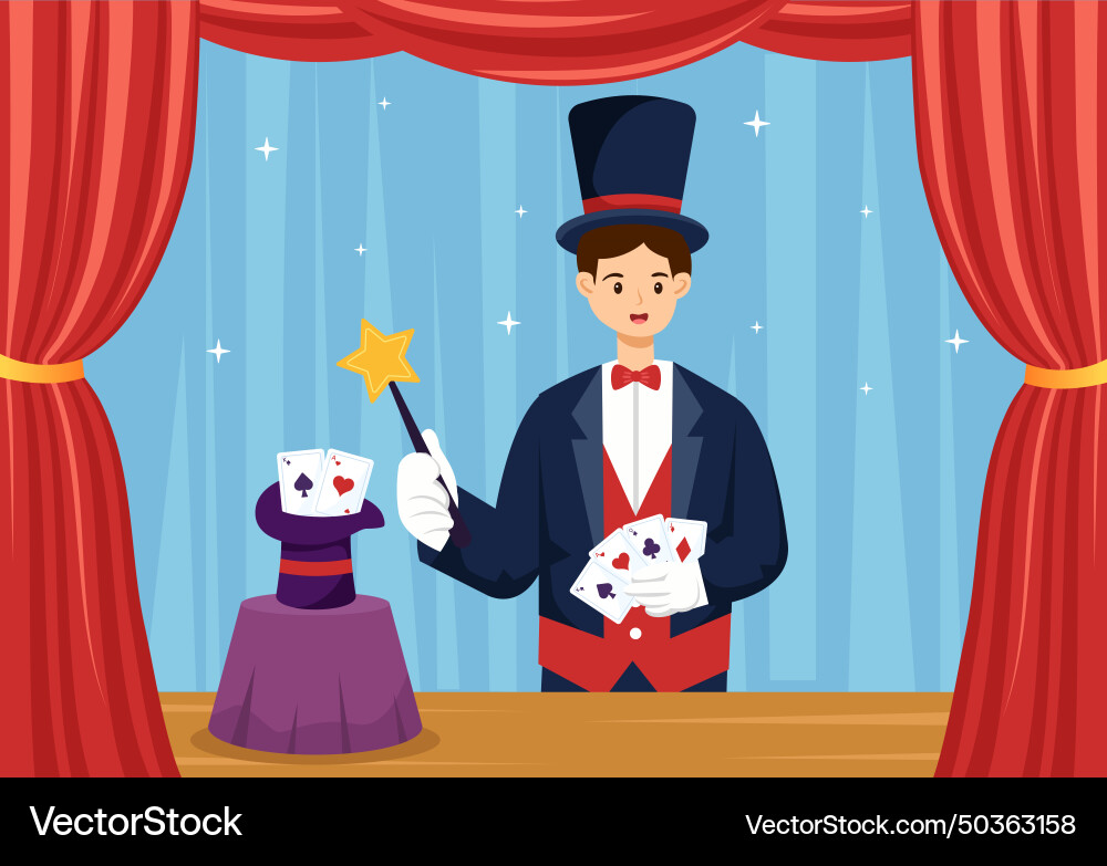 Magician with conjuring tricks and waving a magic Vector Image