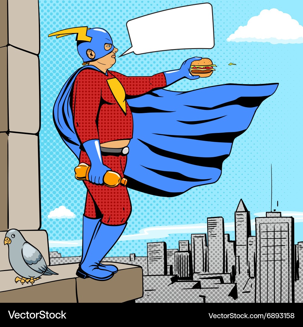 Superhero fat man and burger comic book Royalty Free Vector