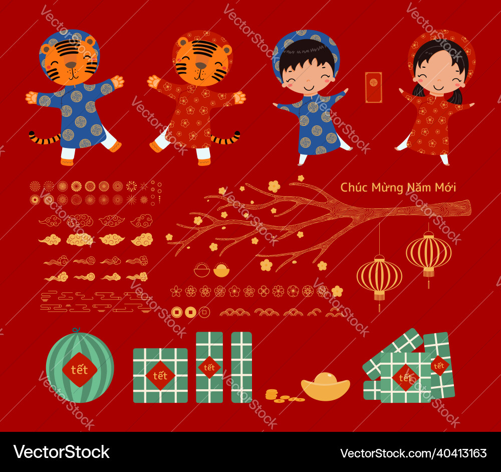 2022 vietnamese new year tet elements tigers set Vector Image