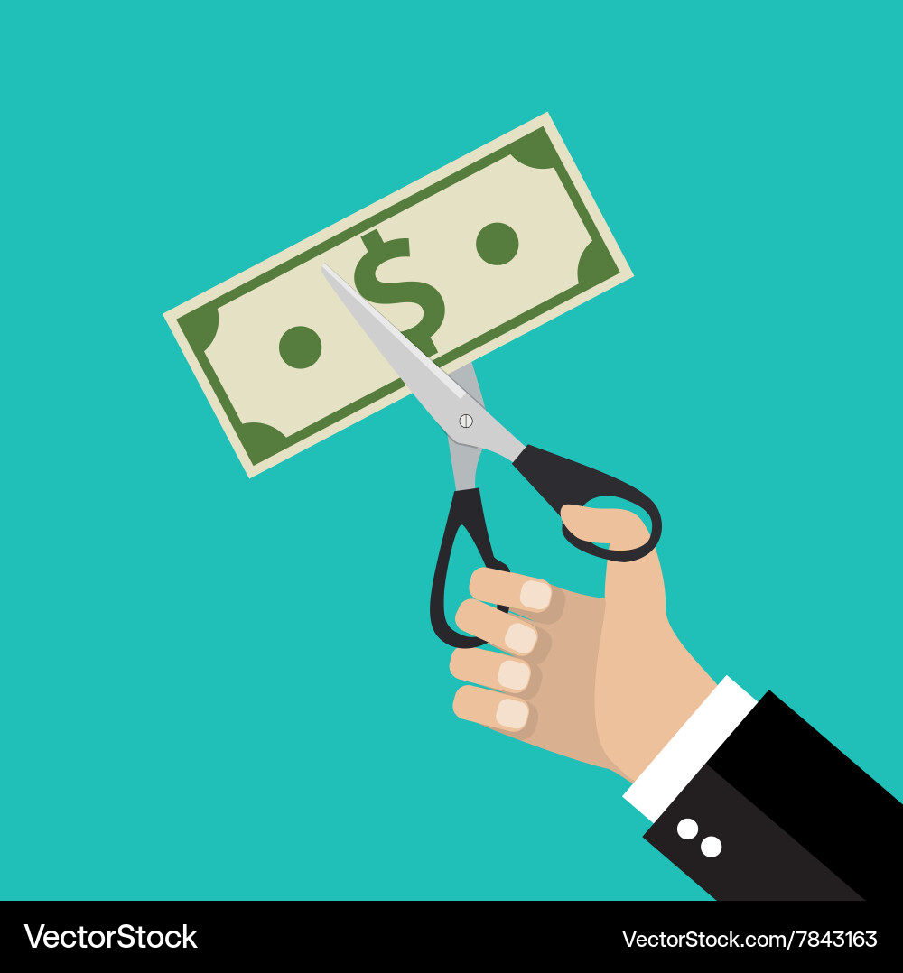 Hand cutting money bill in half with scissors Vector Image