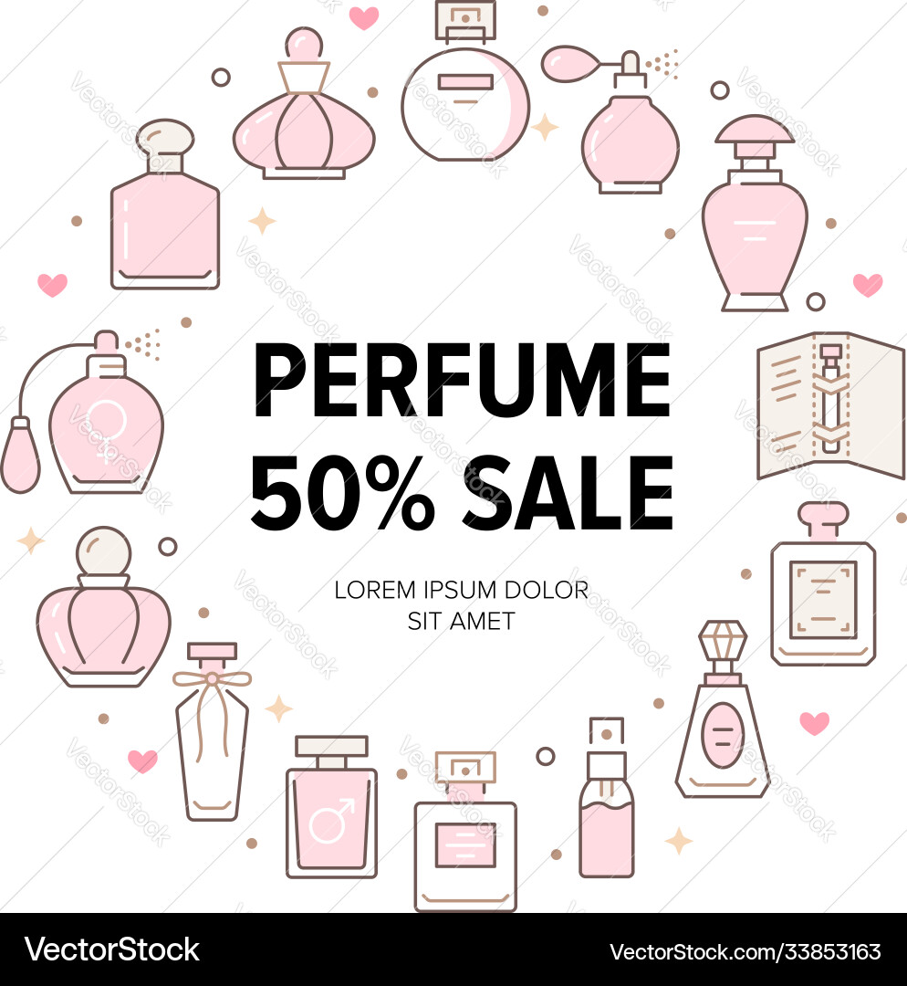 Perfume bottles frame poster with line icons Vector Image