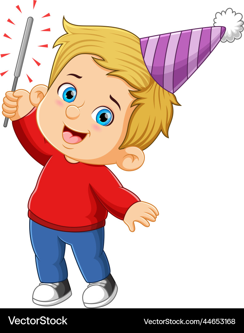 Cute boy is holding and playing with the firework Vector Image