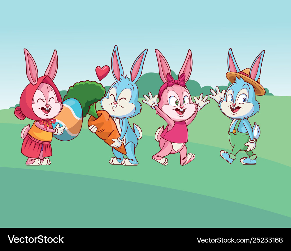 Cute easter bunny happy friends nature background Vector Image