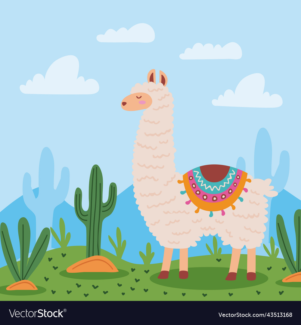 Cute llama with cactus Royalty Free Vector Image