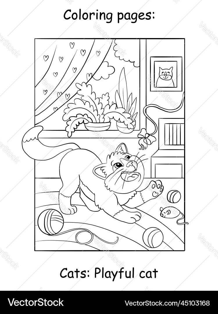 Cute playing cat kids coloring book page Vector Image