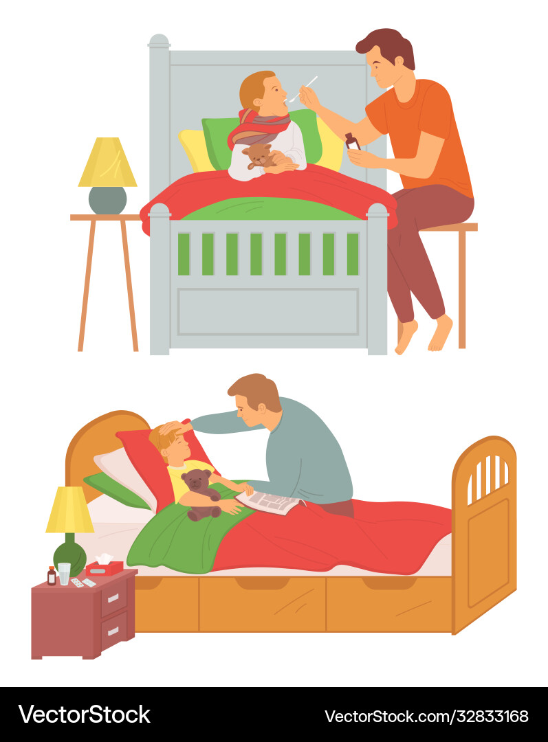 Father caring for sick child kid with flu Vector Image