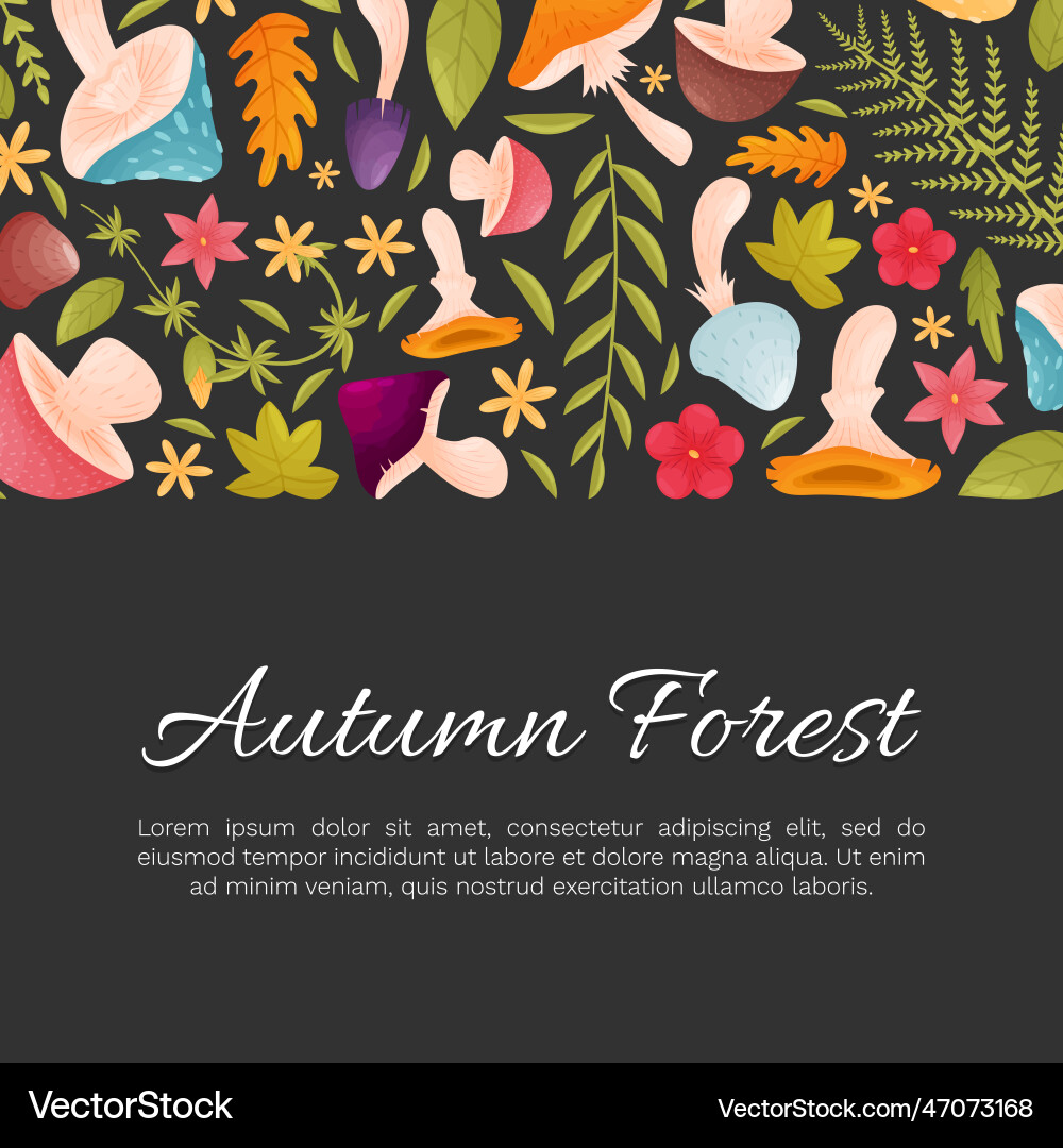 Forest decor banner design with mushroom and leaf Vector Image