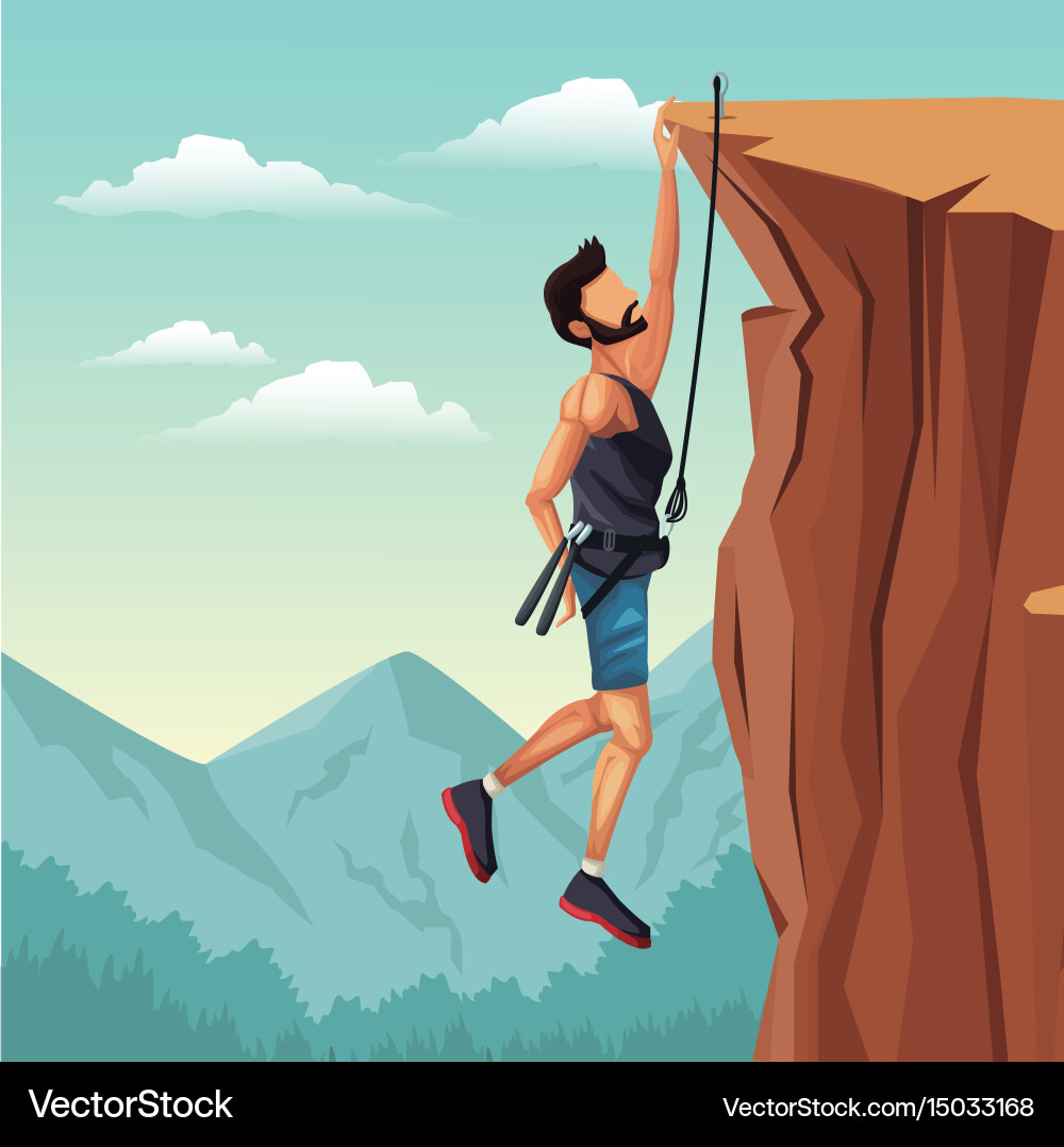 Scene landscape man hanging on cliff rock Vector Image