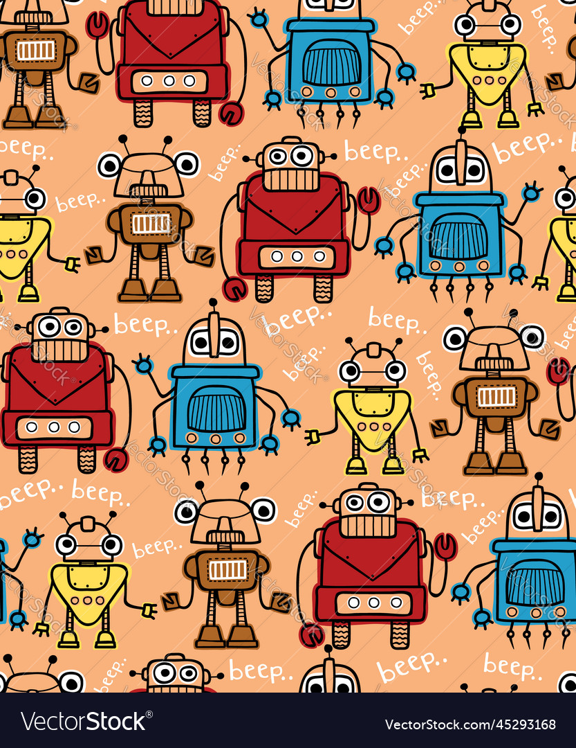 Seamless pattern of hand drawn robots cartoon Vector Image