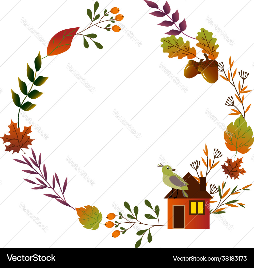 Round frame with autumn leaves and red berries Vector Image