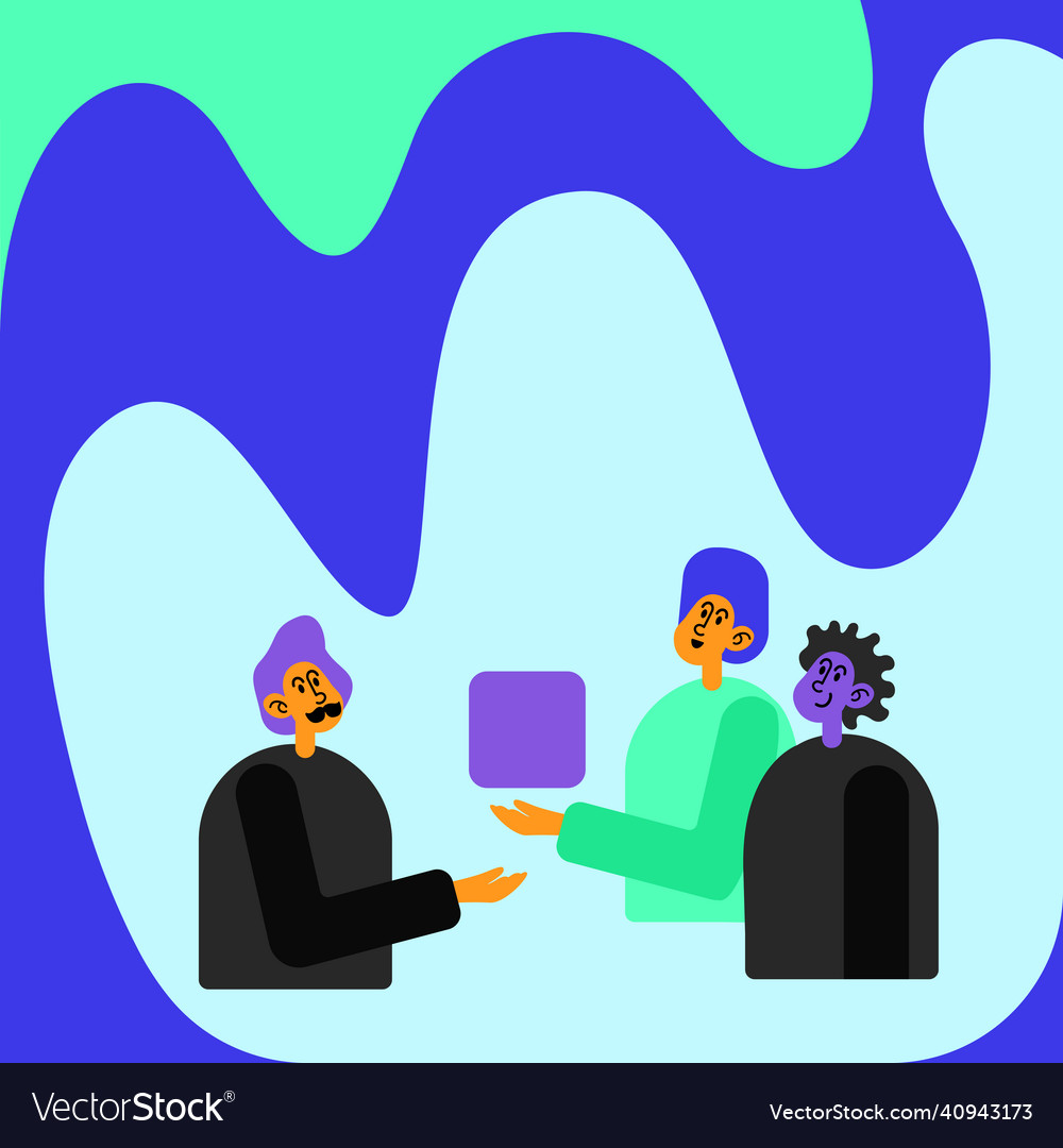 Three colleagues having meeting displaying cube Vector Image Three colleagues having meeting displaying cube Vector Image