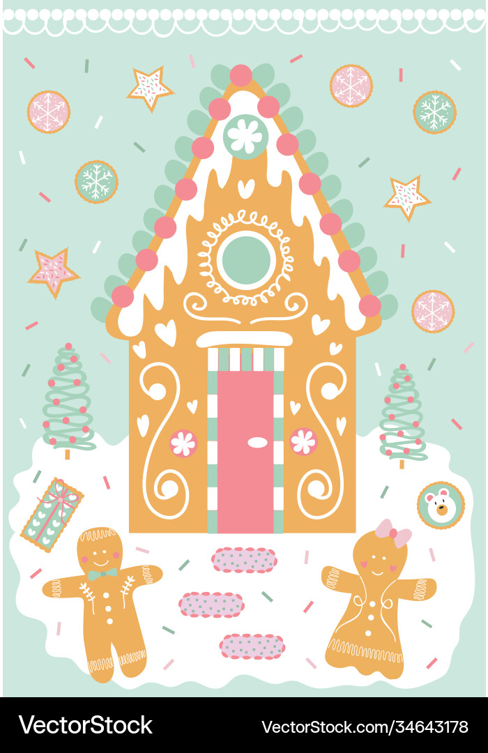 Decorated gingerbread house man and cookies Vector Image