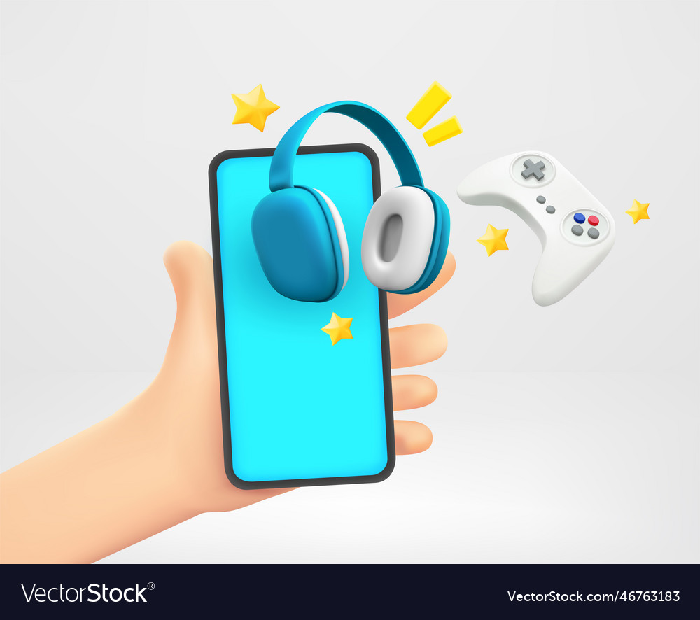Man holding smartphone with multimedia gadgets 3d Vector Image