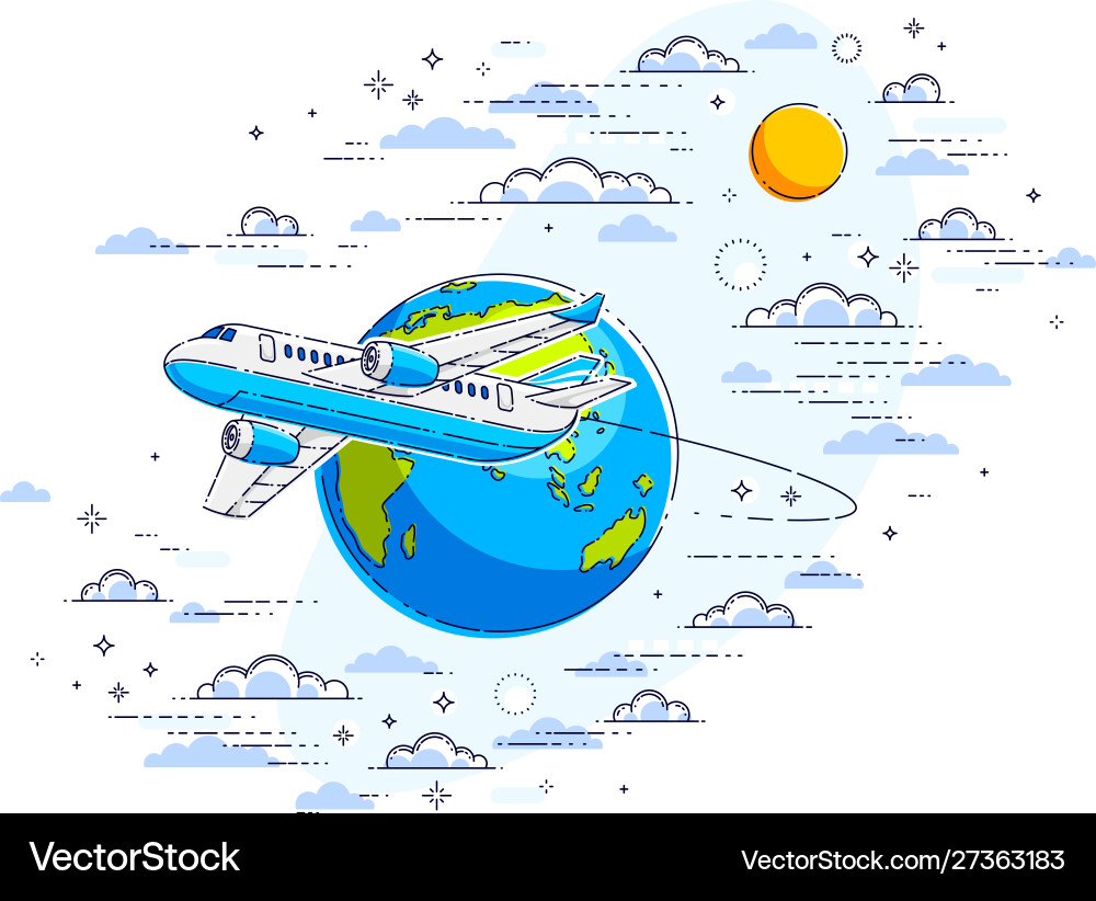 Plane airliner with earth planet in sky Royalty Free Vector