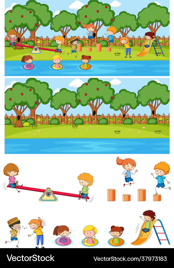 Playground scene set with many kids doodle Vector Image