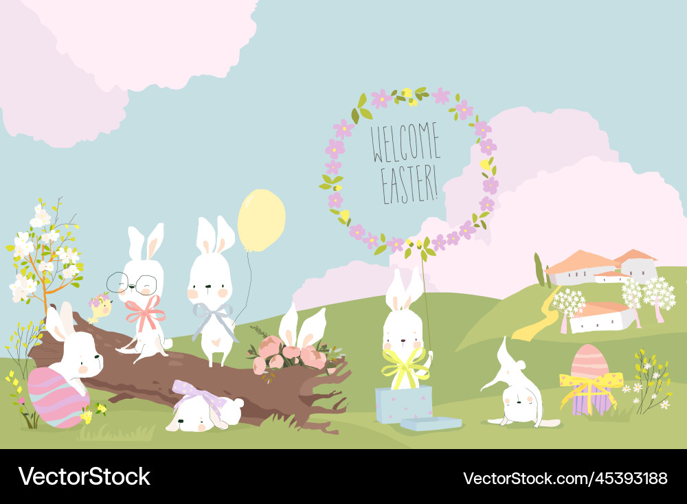Cute cartoon bunnies celebrating easter on spring Vector Image