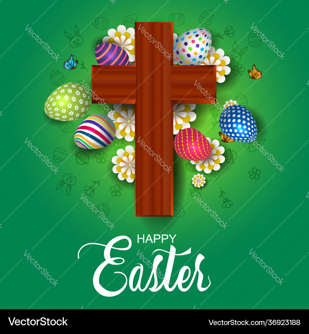 Happy easter greetings cross with flowers Vector Image