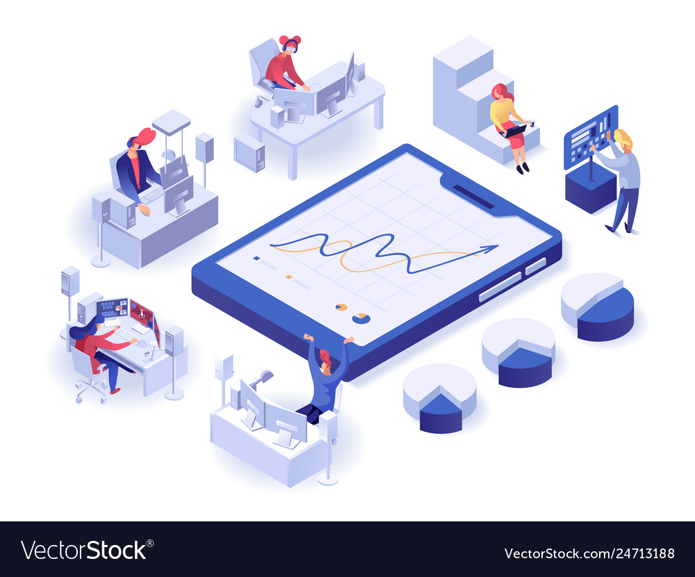 People interacting with charts isometric poster Vector Image