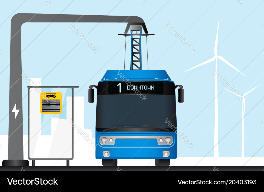 Blue electric bus is charged by pantograph Vector Image