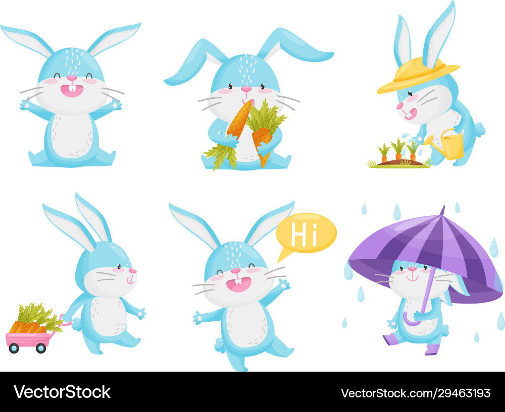 Cute rabbit with blue coat watering carrot Vector Image