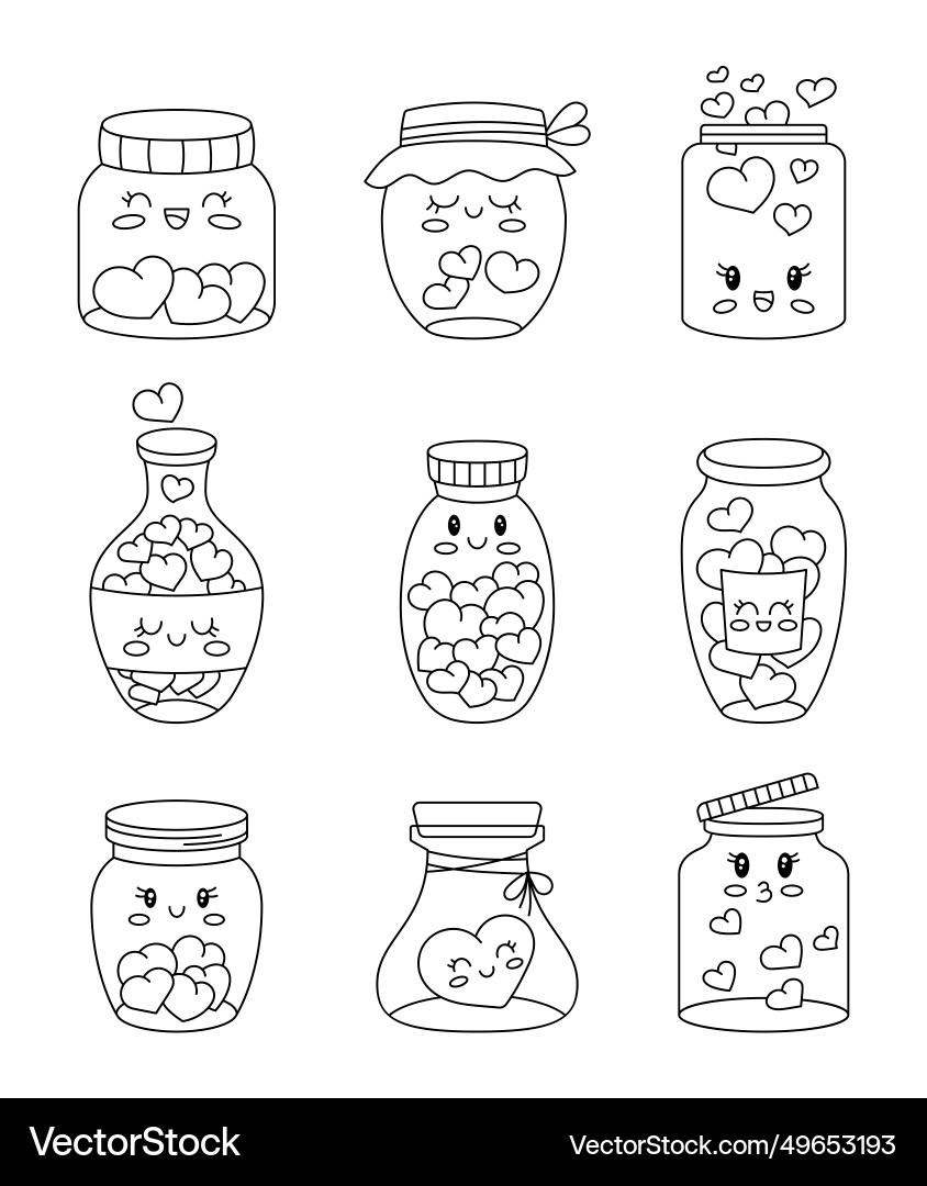 Glass jar with hearts inside coloring page Vector Image