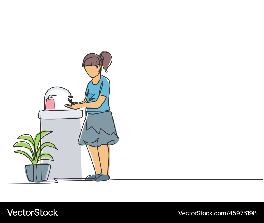 Single continuous line drawing a girl washes her Vector Image