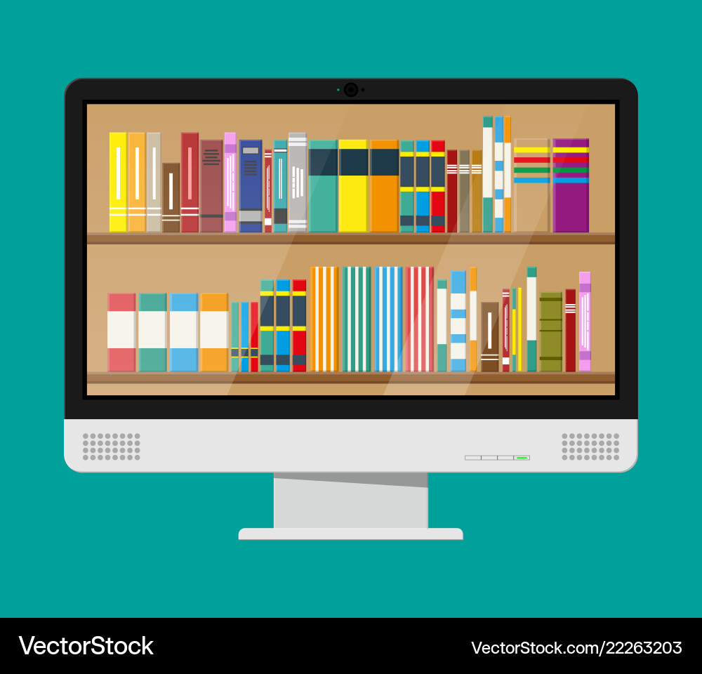 Computer monitor and book shelf Royalty Free Vector Image