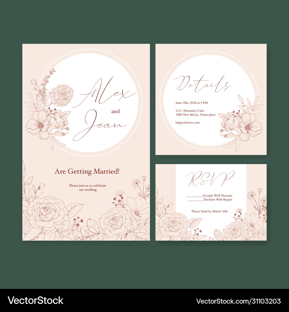 Line flower wedding card design with invitations Vector Image