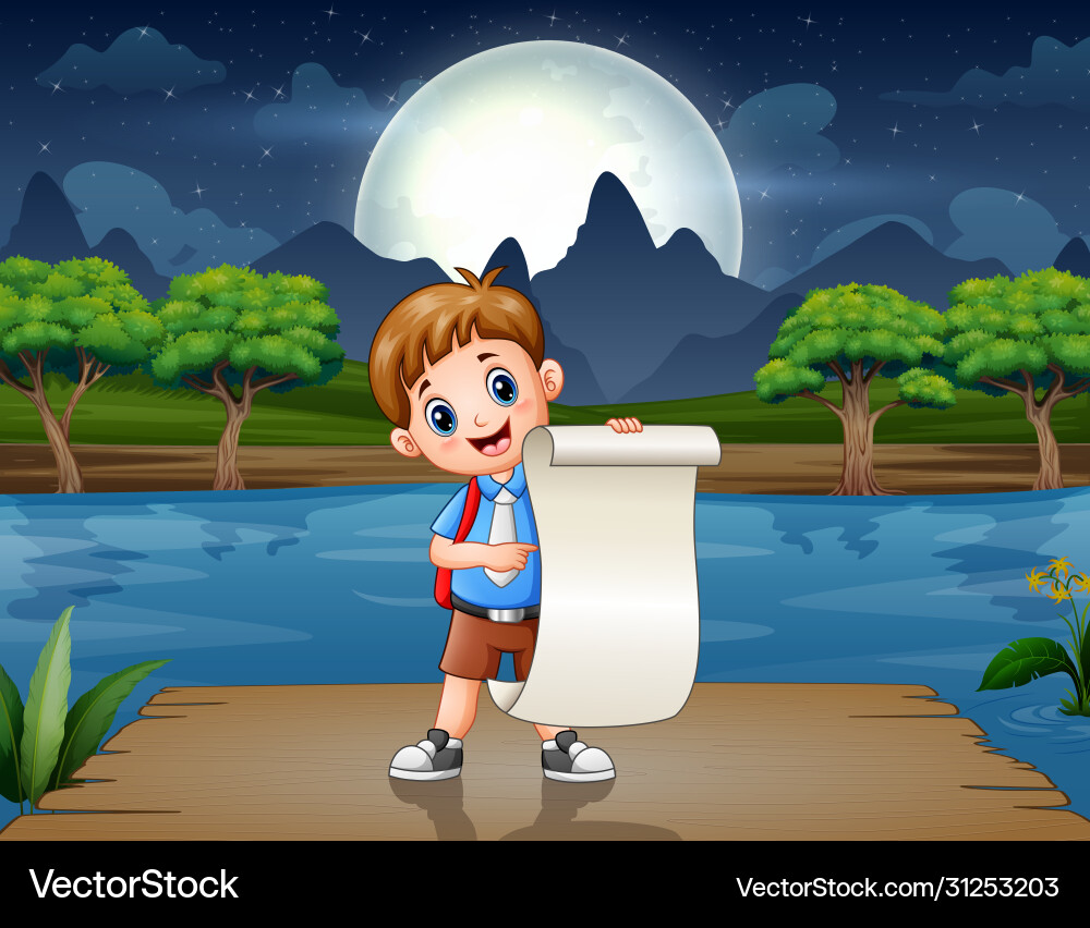 Schoolboy holding a paper on pier Royalty Free Vector Image