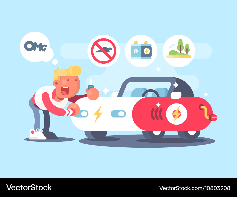 Electric car and happy owner Royalty Free Vector Image