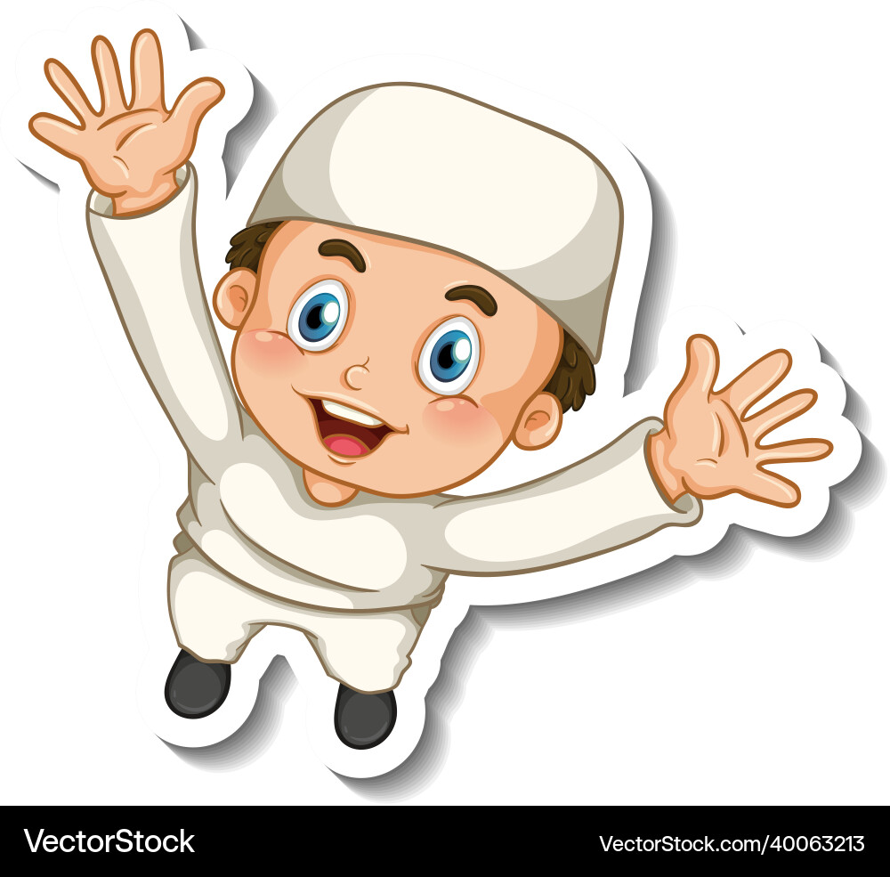 A sticker template with muslim boy cartoon Vector Image