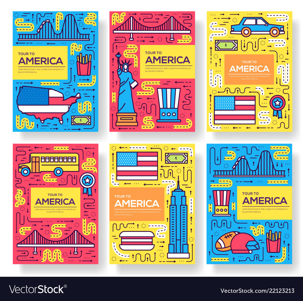 Usa brochure cards thin line set country Vector Image