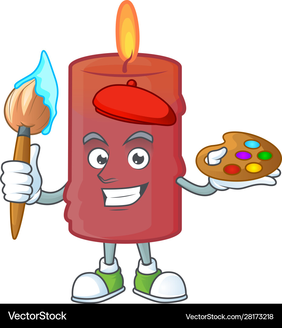 Cheerful red candle painter cartoon character Vector Image