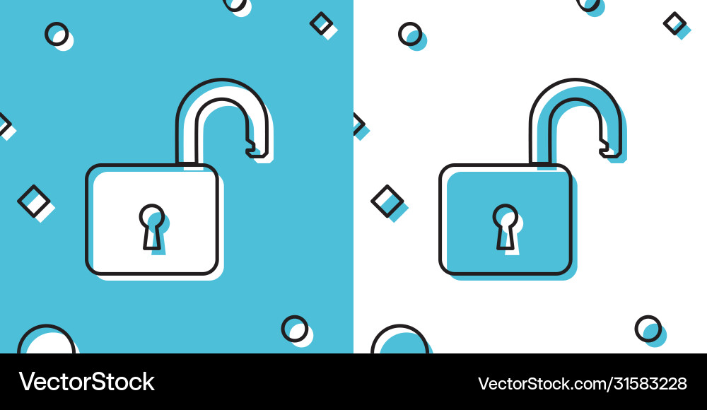 Black open padlock icon isolated on blue and white