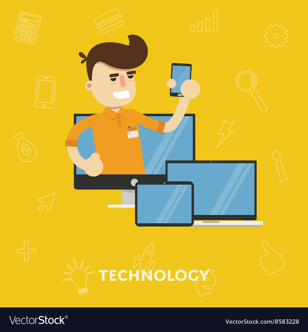 Man with a variety of gadgets laptop tablet Vector Image