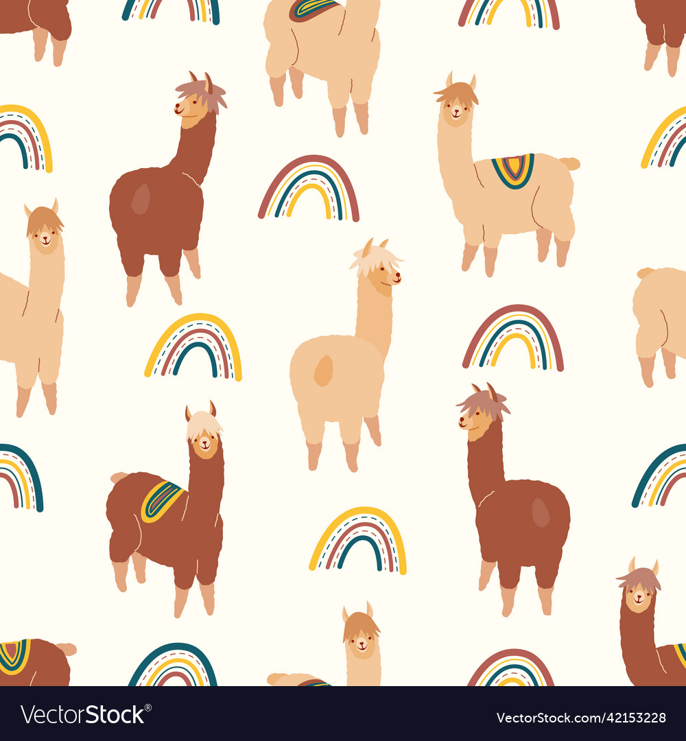 Seamless pattern with lamas and rainbows Vector Image