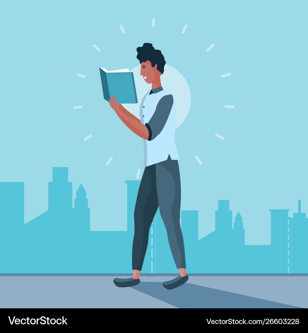 Young man reading book in cityscape Royalty Free Vector