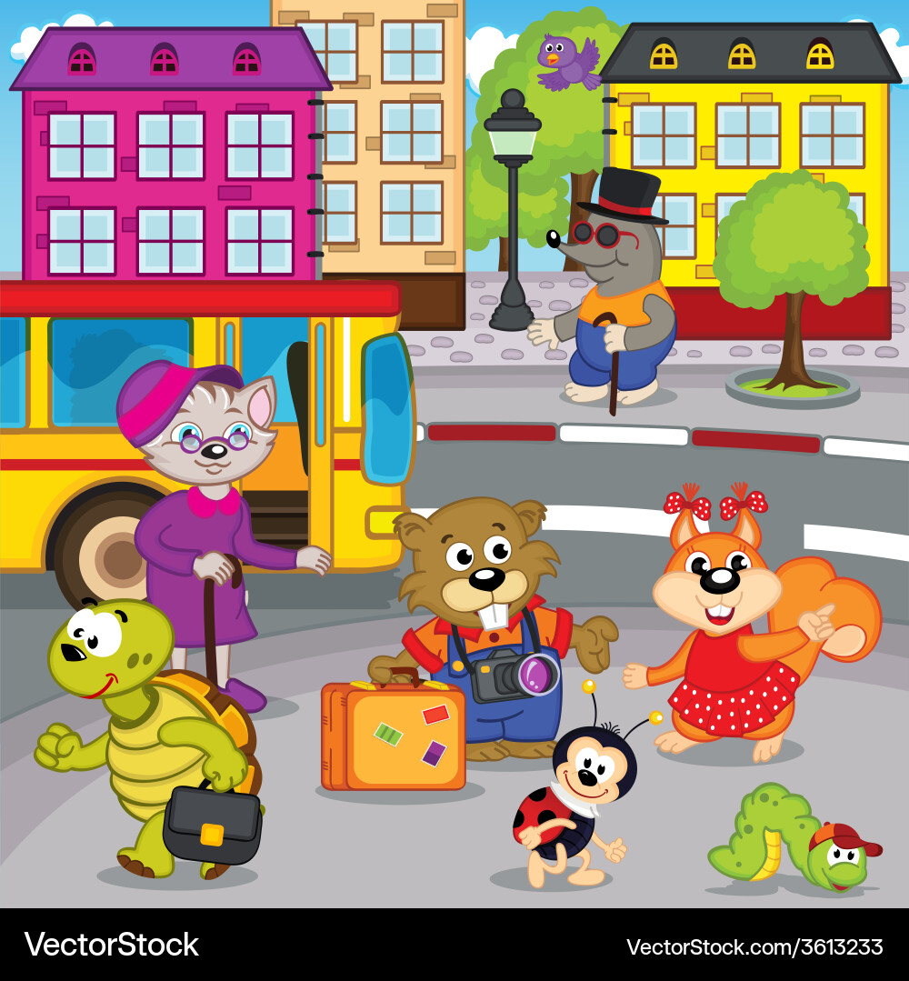Animals in city come by bus Royalty Free Vector Image