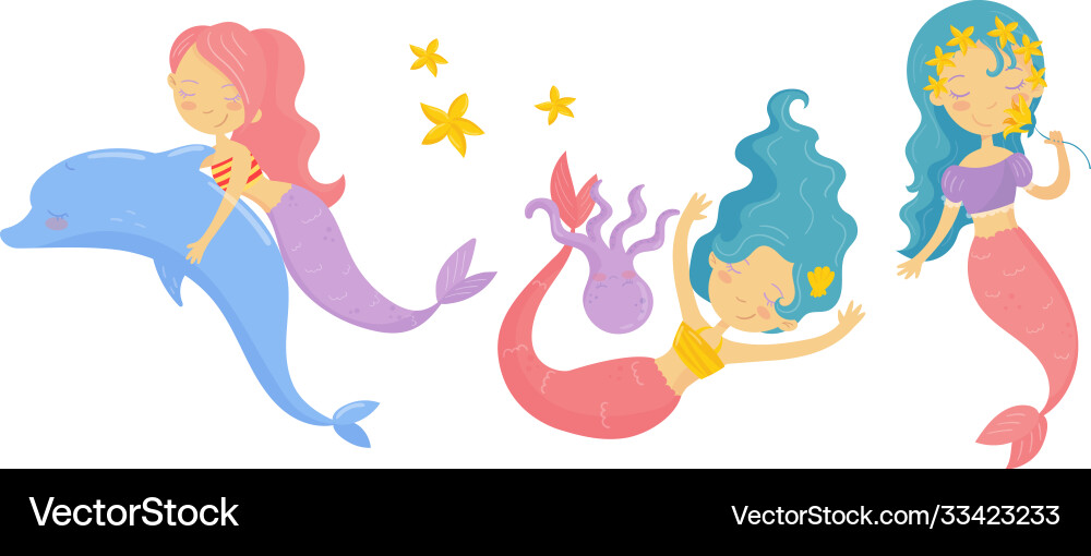 Cute mermaid floating underwater with dolphin Vector Image